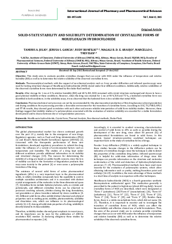 (PDF) SOLID-STATE STABILITY AND SOLUBILITY DETERMINATION OF CRYSTALLINE FORMS OF MOXIFLOXACIN ...