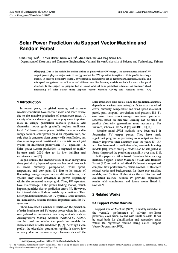 (PDF) Solar Power Prediction via Support Vector Machine and Random Forest
