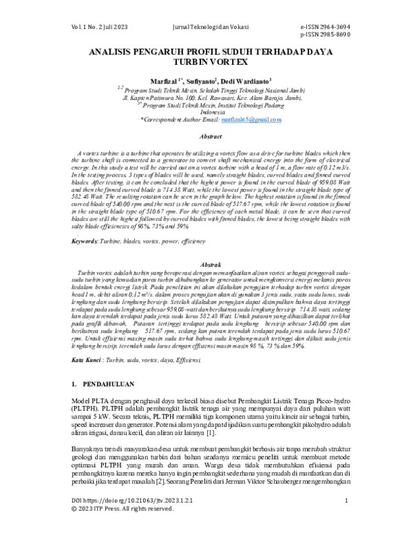 (PDF) Analisis Pengaruh Profil Suduh Terhadap Daya Turbin Vortex