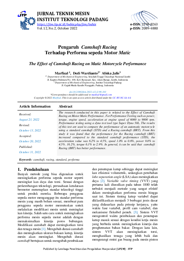 (PDF) The Effect of Camshaft Racing on Matic Motorcycle Performance