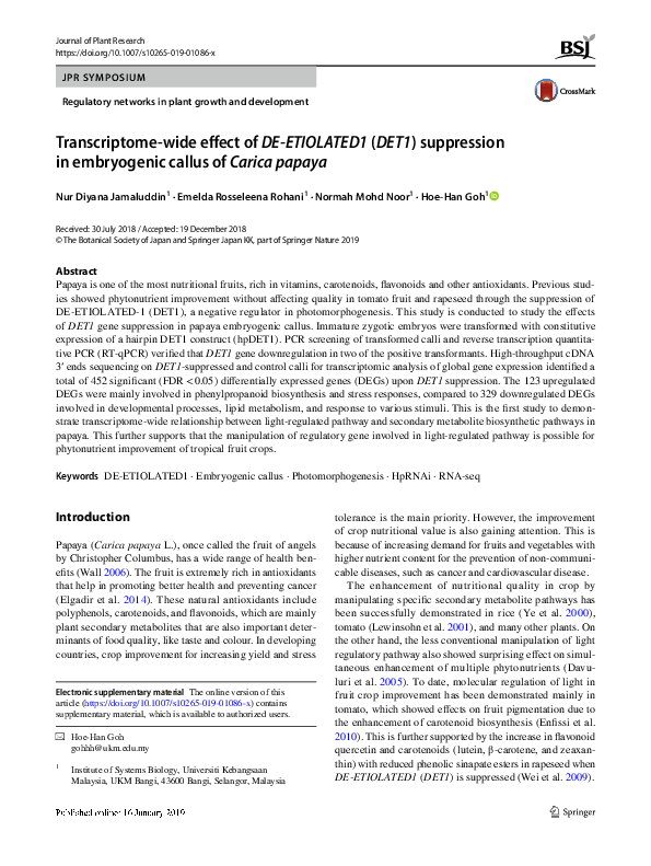 (PDF) Transcriptome-wide effect of DE-ETIOLATED1 (DET1) suppression in embryogenic callus of ...