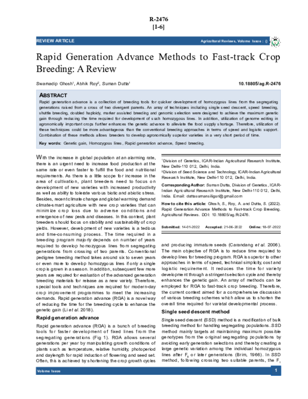 (PDF) Rapid Generation Advance Methods to Fast-track Crop Breeding: A ...