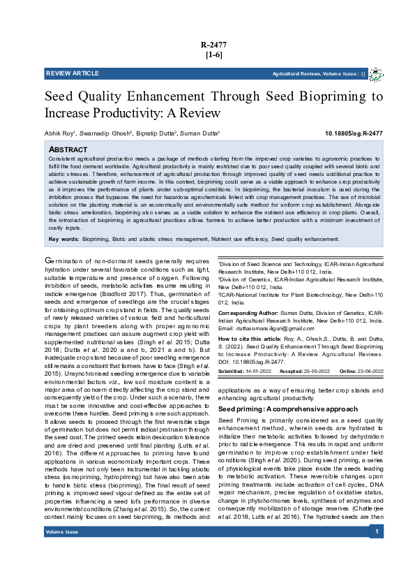 (PDF) Seed Quality Enhancement Through Seed Biopriming to Increase ...