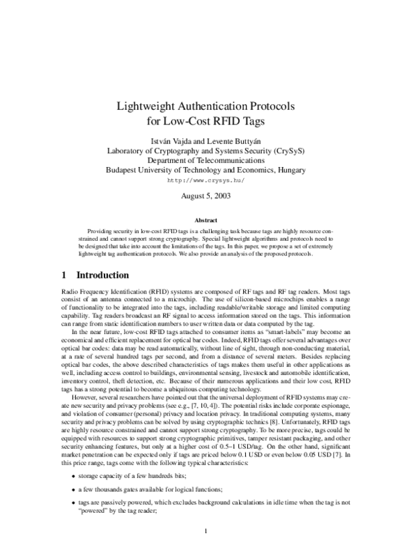 (PDF) Lightweight Authentication for RFID Tags