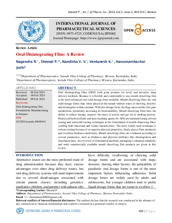 (PDF) Oral Disintegrating Film: A Review