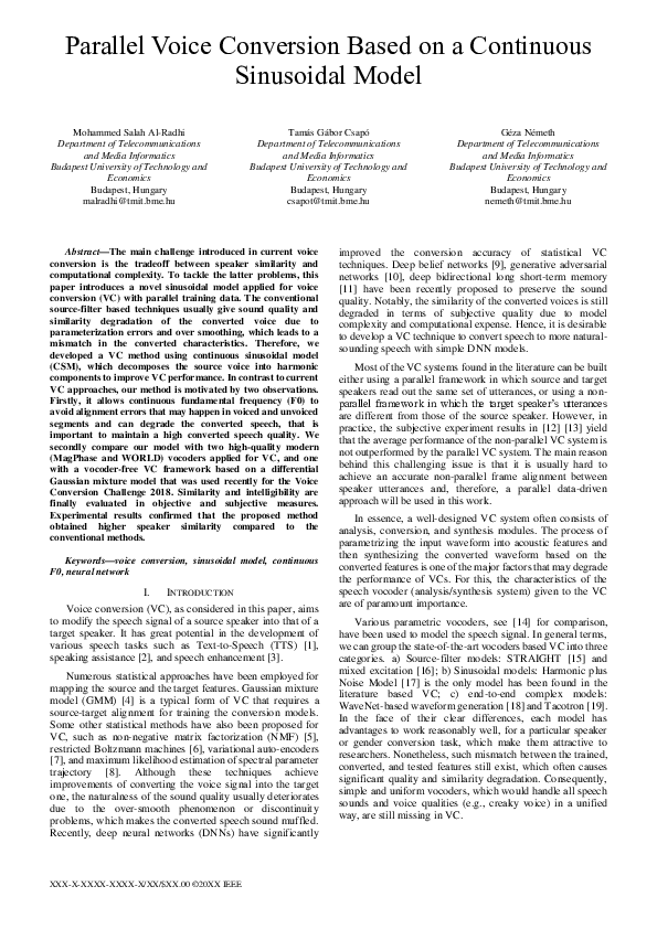 (PDF) Parallel Voice Conversion Based on a Continuous Sinusoidal Model | Géza Németh - Academia.edu