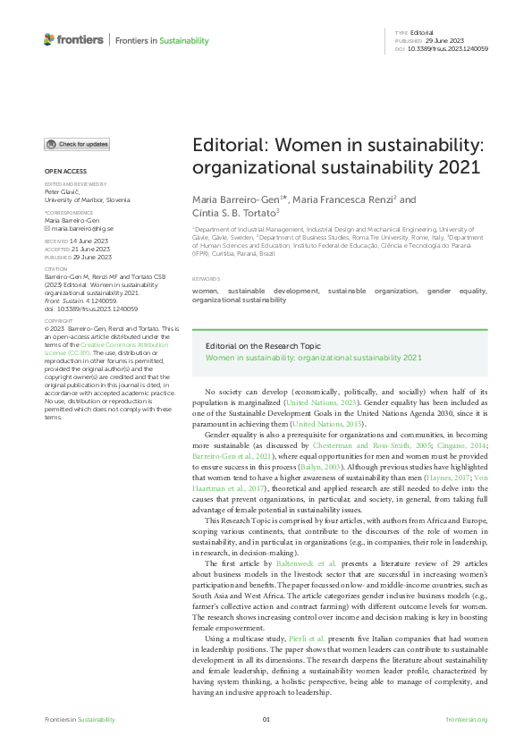 (PDF) Editorial: Women in sustainability: organizational sustainability ...
