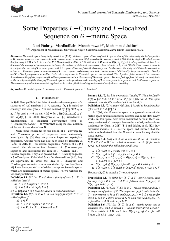 (PDF) Some Properties −Cauchy and −localized Sequence on −metric Space
