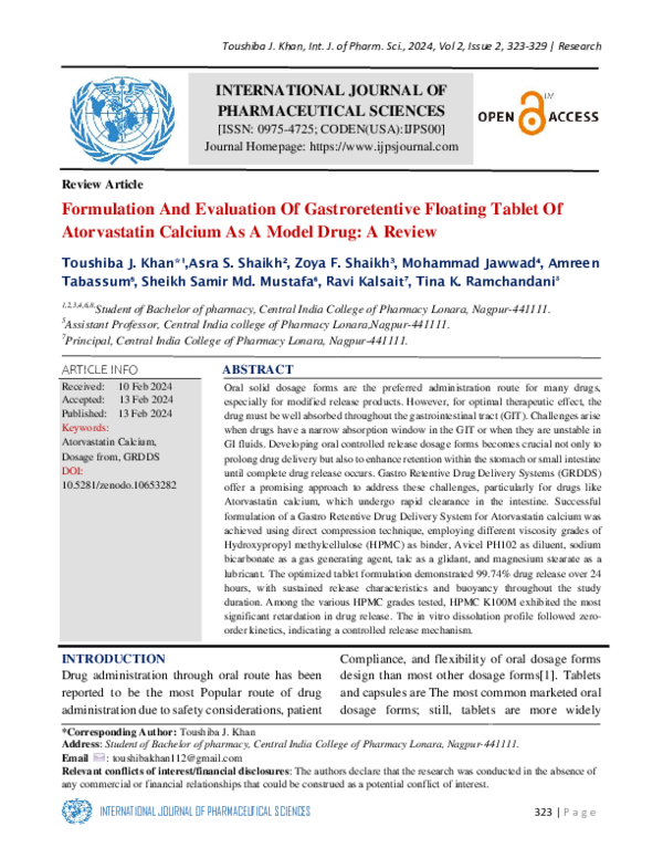 Pdf Formulation And Evaluation Of Gastroretentive Floating Tablet Of Atorvastatin Calcium As A