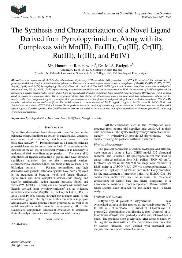 (PDF) The Synthesis and Characterization of a Novel Ligand Derived from Pyrrolopyrimidine, Along ...