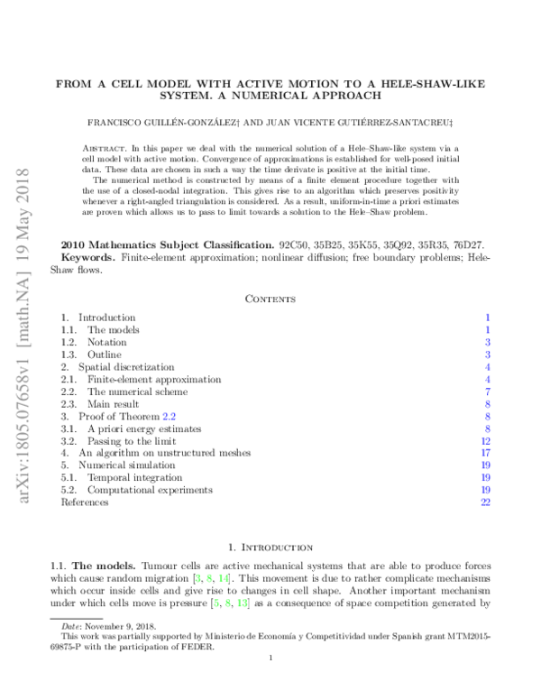 (PDF) From a cell model with active motion to a Hele–Shaw-like system ...