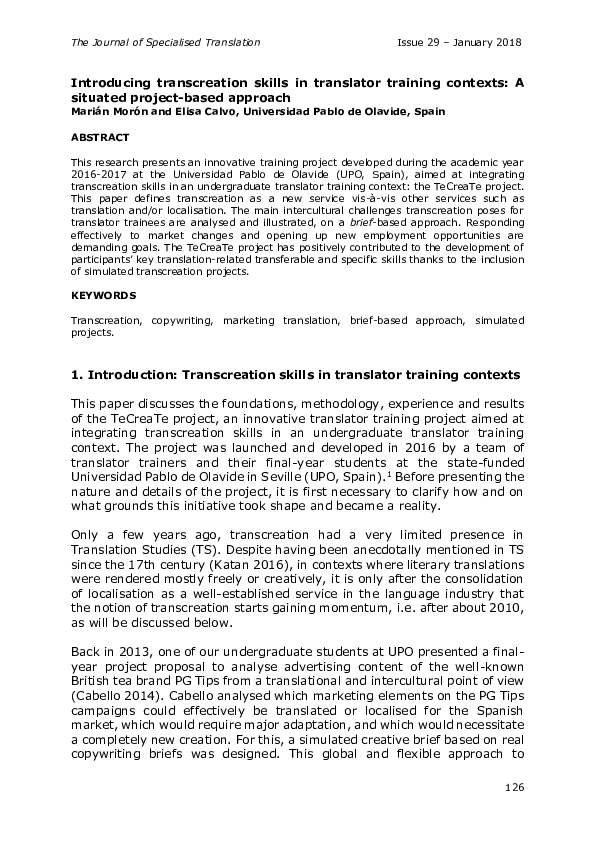 (PDF) Introducing transcreation skills in translator training contexts : A situated project ...