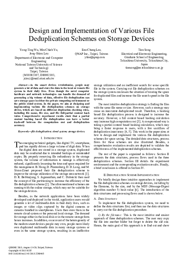 Pdf Design And Implementation Of Various File Deduplication Schemes On Storage Devices