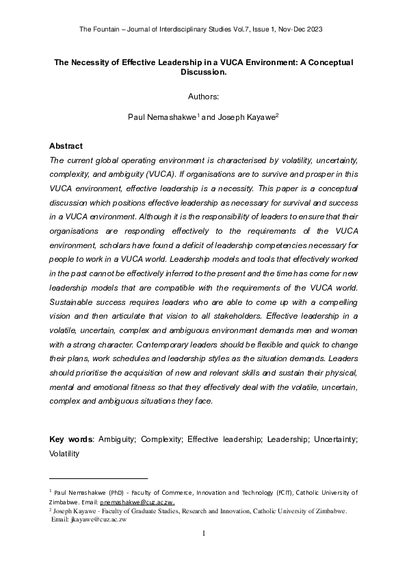 (PDF) The Necessity of Effective Leadership in a VUCA Environment: A ...