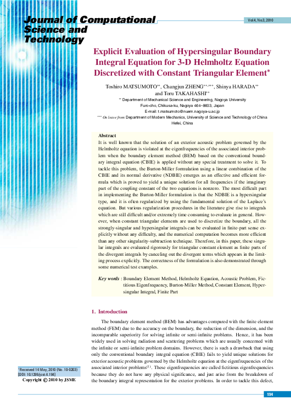 (PDF) Explicit Evaluation of Hypersingular Boundary Integral Equation for 3-D Helmholtz Equation ...