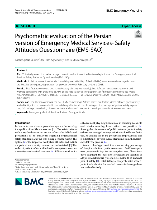 (PDF) Psychometric evaluation of the Persian version of Emergency ...