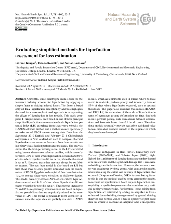 (PDF) Evaluating Simplified Methods for Liquefaction Assessment for Loss Estimation