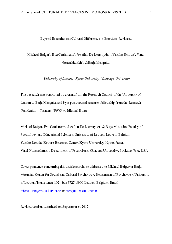 (PDF) Beyond Essentialism: Cultural Differences in Emotions Revisited