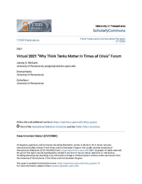 (PDF) Virtual 2021 “Why Think Tanks Matter In Times of Crisis” Forum