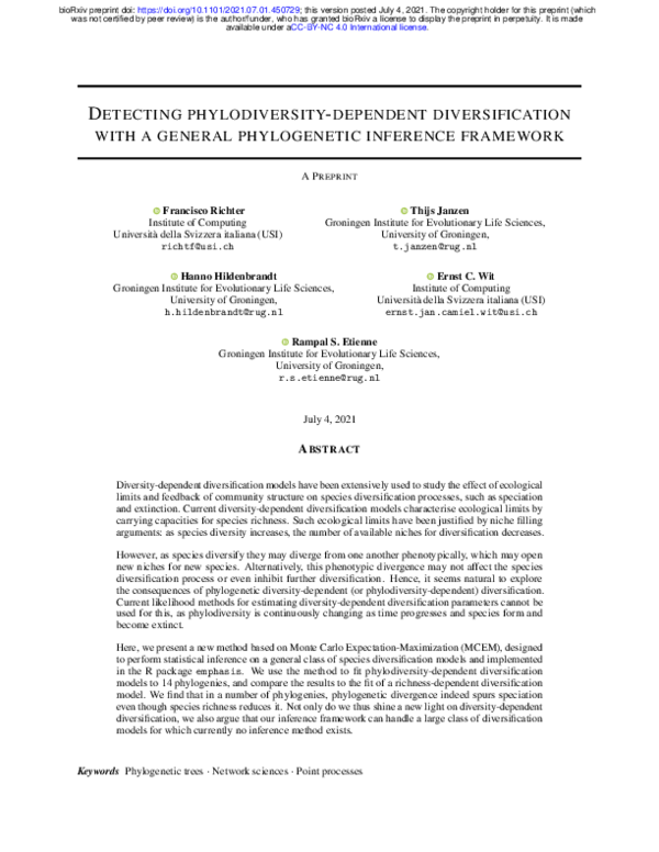 (PDF) Detecting phylodiversity-dependent diversification with a general phylogenetic inference ...