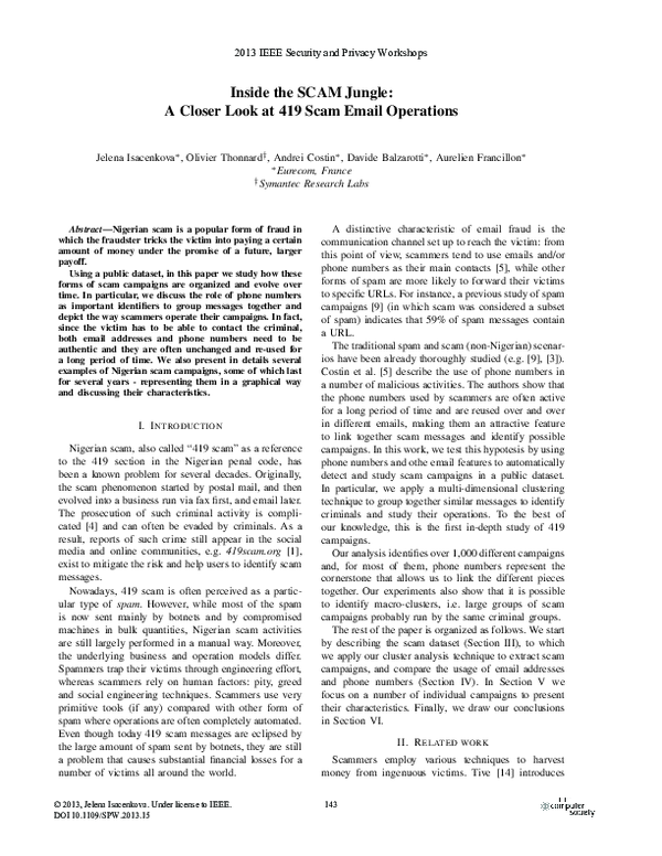 (PDF) Inside the SCAM Jungle: A Closer Look at 419 Scam Email Operations