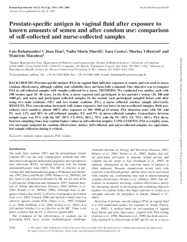 (PDF) Prostate-specific antigen in vaginal fluid after exposure to known amounts of semen and ...