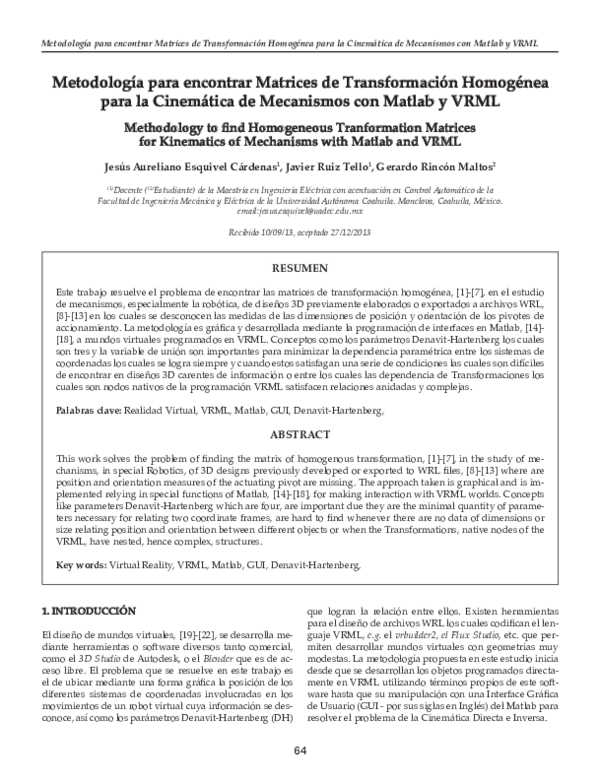 (PDF) Metodología para encontrar Matrices de Transformación Homogénea ...