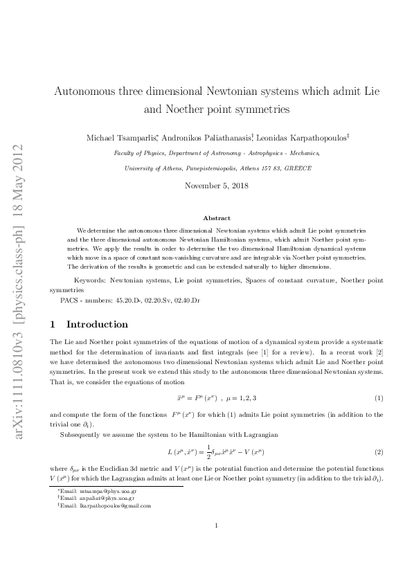 (PDF) Autonomous three-dimensional Newtonian systems which admit Lie and Noether point symmetries