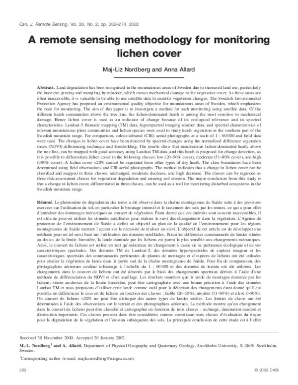 (PDF) A remote sensing methodology for monitoring lichen cover