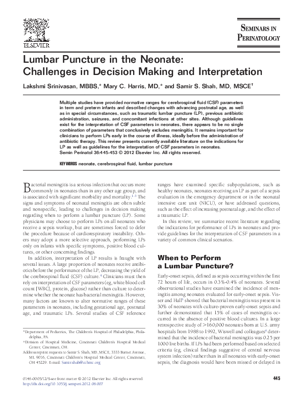 (PDF) Lumbar Puncture in the Neonate: Challenges in Decision Making and ...