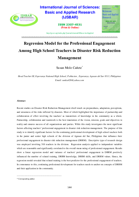 (PDF) Regression Model for the Professional Engagement Among High ...