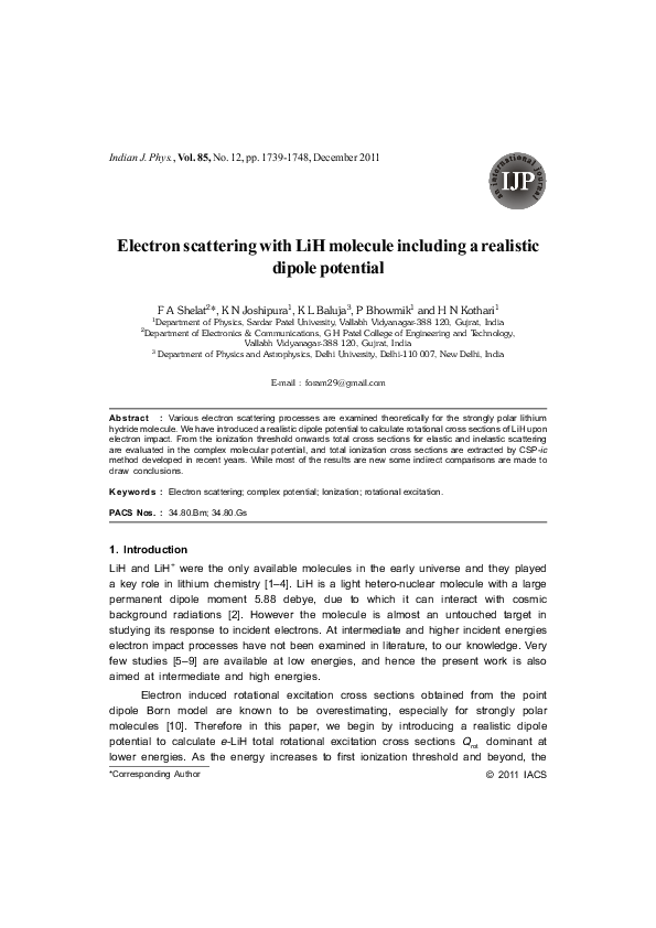 (PDF) Electron scattering with LiH molecule including a realistic dipole potential