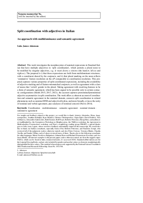 (PDF) Split coordination with adjectives in Italian: An approach with ...