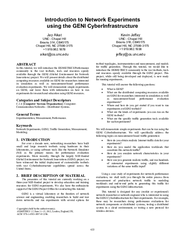 (PDF) Introduction to network experiments using the GENI cyberinfrastructure