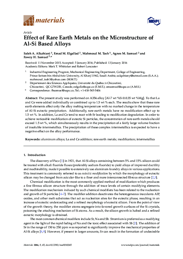 (PDF) Effect of Rare Earth Metals on the Microstructure of Al-Si Based Alloys | Agnes Samuel ...
