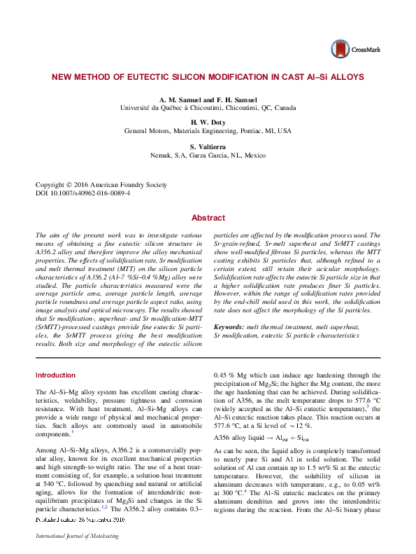 (PDF) New Method of Eutectic Silicon Modification in Cast Al–Si Alloys