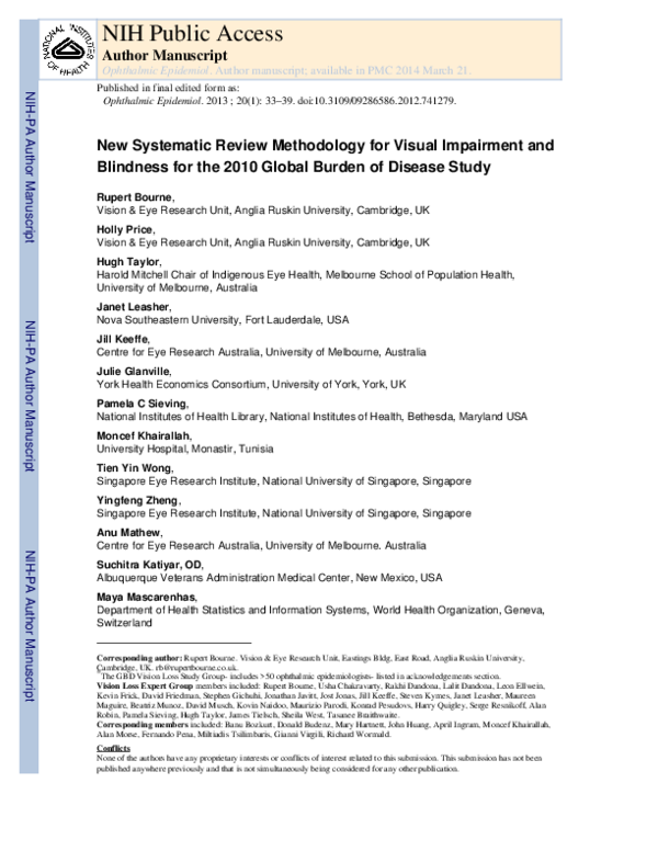 (PDF) New Systematic Review Methodology for Visual Impairment and Blindness for the 2010 Global ...