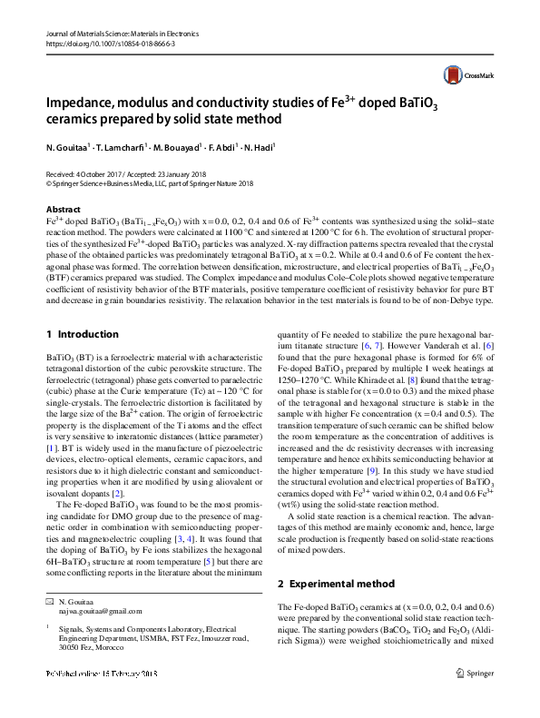 (PDF) Impedance, modulus and conductivity studies of Fe3+ doped BaTiO3 ceramics prepared by ...