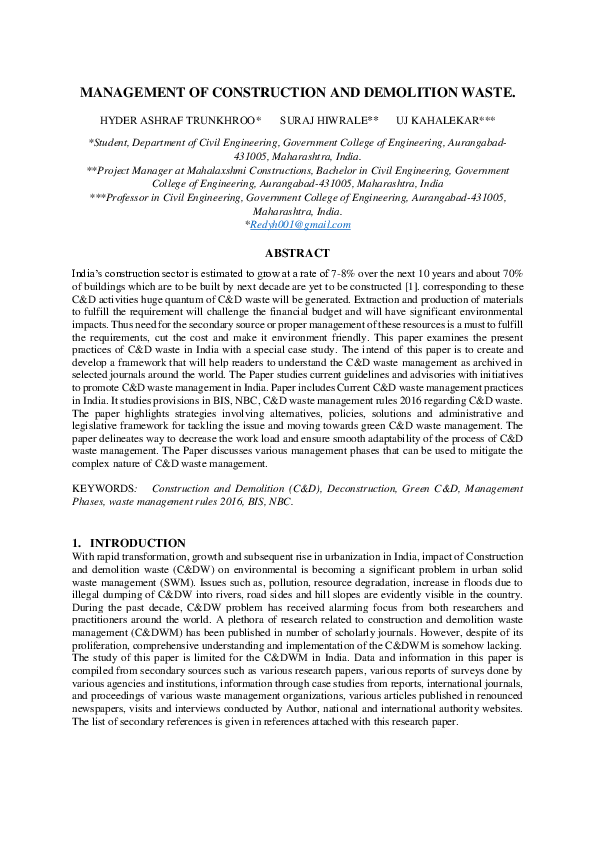(PDF) MANAGEMENT OF CONSTRUCTION AND DEMOLITION WASTE