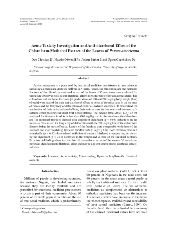(PDF) Acute toxicity investigation and anti-diarrhoeal effect of the ...