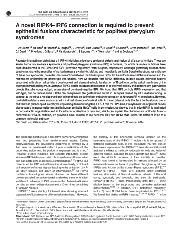 (PDF) A novel RIPK4–IRF6 connection is required to prevent epithelial ...