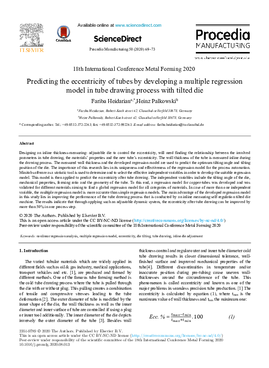 (PDF) Predicting the eccentricity of tubes by developing a multiple regression model in tube ...
