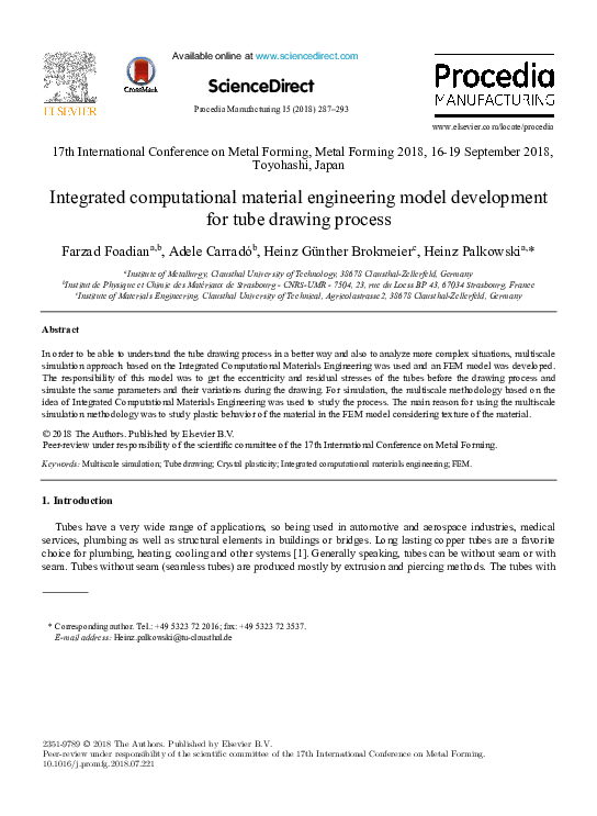 (PDF) Integrated computational material engineering model development for tube drawing process