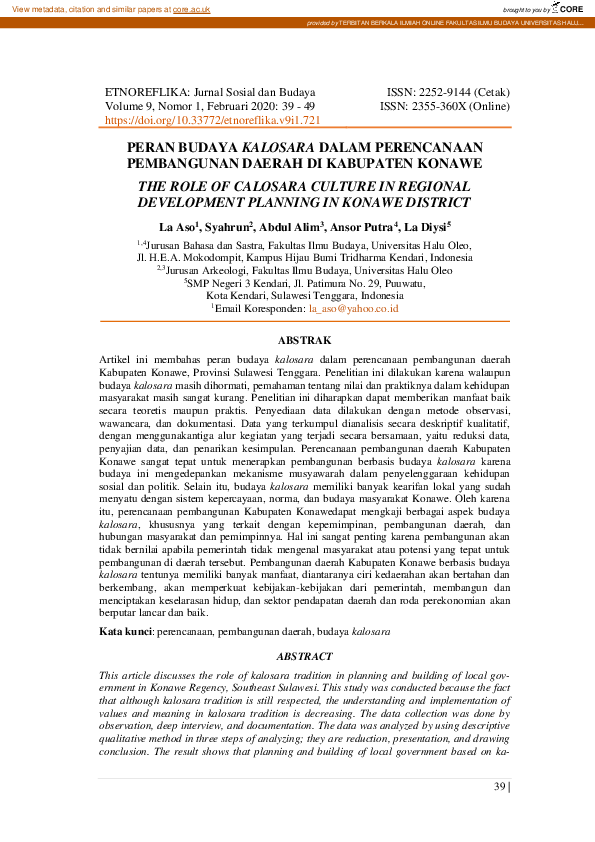 (PDF) Peran Budaya Kalosara dalam Perencanaan Pembangunan Daerah di ...