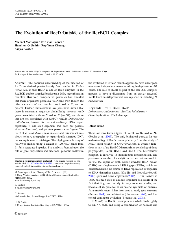 (PDF) The Evolution of RecD Outside of the RecBCD Complex