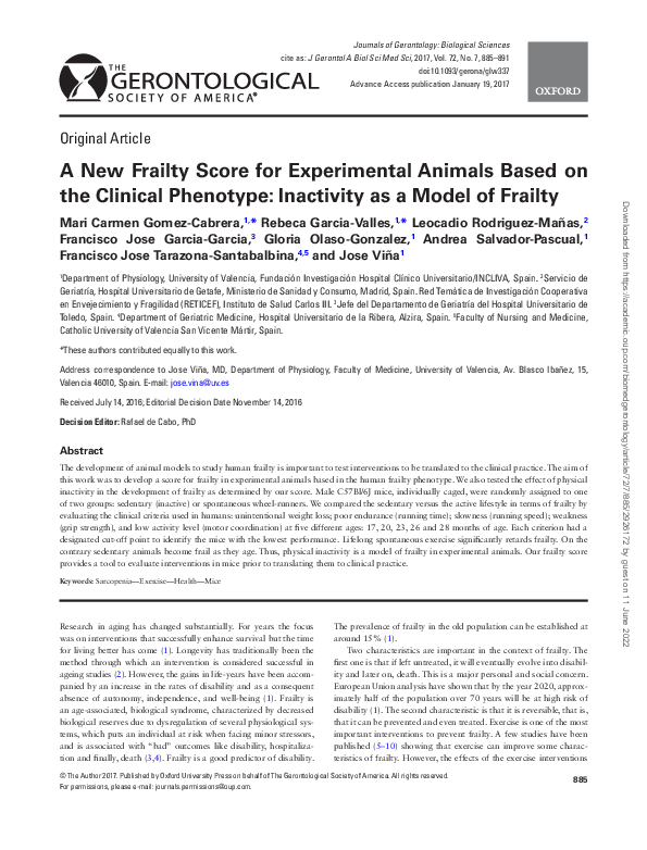 (PDF) A New Frailty Score for Experimental Animals Based on the ...
