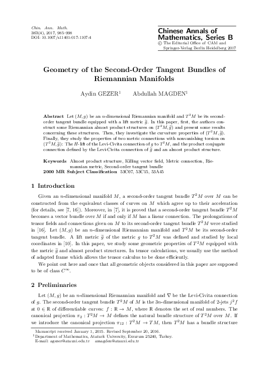 (PDF) Geometry of the second-order tangent bundles of Riemannian manifolds