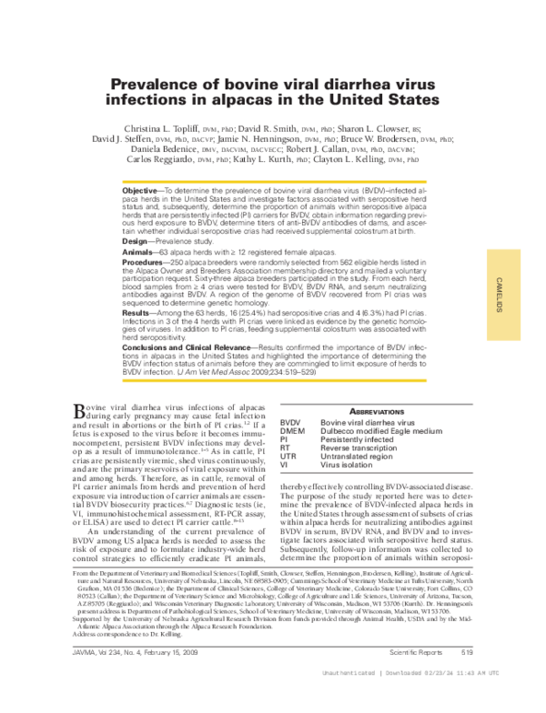 (PDF) Prevalence of bovine viral diarrhea virus infections in alpacas ...