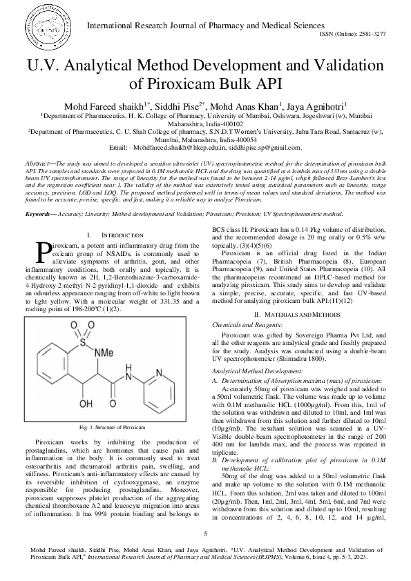 Pdf U V Analytical Method Development And Validation Of Piroxicam