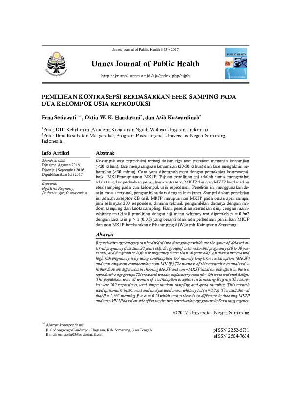 (PDF) Pemilihan Kontrasepsi Berdasarkan Efek Samping Pada Dua Kelompok Usia Reproduksi